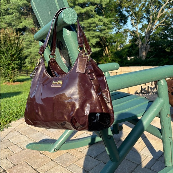 Coach | Bags | Coach Madison Plum And Brass Maggie Patent Leather ...